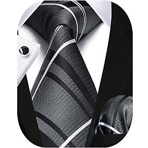 HISDERN Stripe Ties for Men Set Gray and Black Men's Ties Handkerchief Cufflinks Classic Formal Silk Necktie Wedding Business
