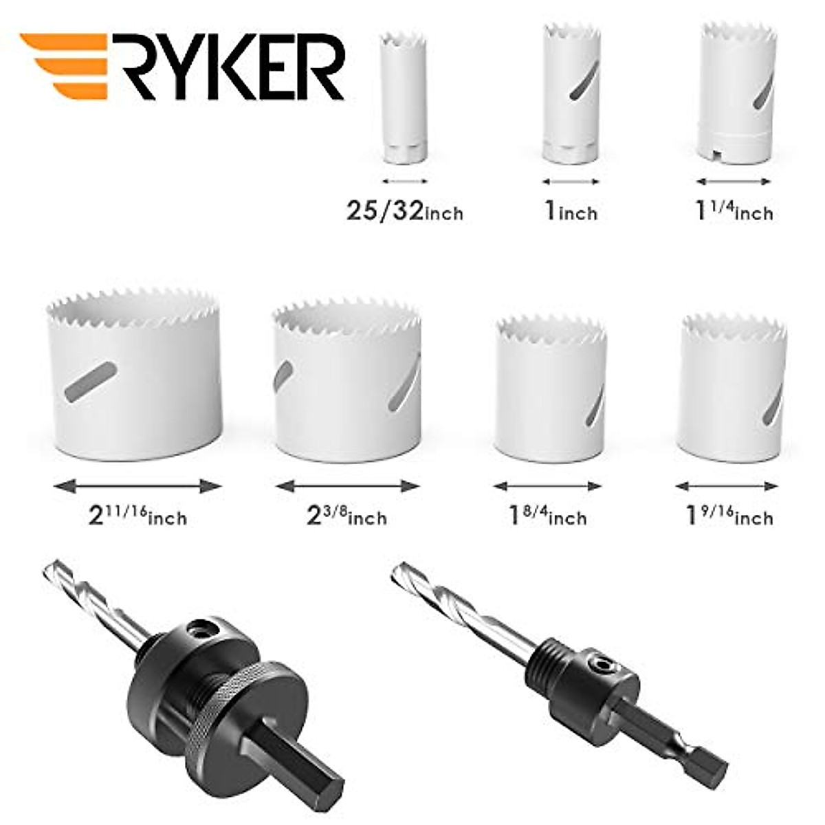Ryker Hole Saw Kit with Arbors and Replacement Drill Bits, Heavy Duty Steel Construction for Boring Wood, Aluminum, Metal, or PVC, Plumbing and DIY Carpentry (Bi Metal - Metal Hole Saw Kit)