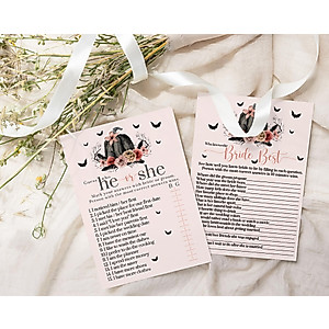 Gothic Pumpkin Bridal Shower Game Bundle - He Said or She Said & Bride Best - Halloween Wedding Guest Activity - Spooky Party Decor - Double-Sided Cards - Pink & Black - 25 Pack
