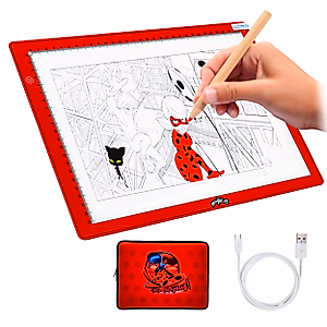 Miraculous Ladybug Portable LED A4 Light Pad Drawing Kit with Neoprene Case - Ultra-Thin USB Tracing Pad, Adjustable Light Box & 5 Coloring Pages - Art, Sketching, Tracing Tool (Ladybug)