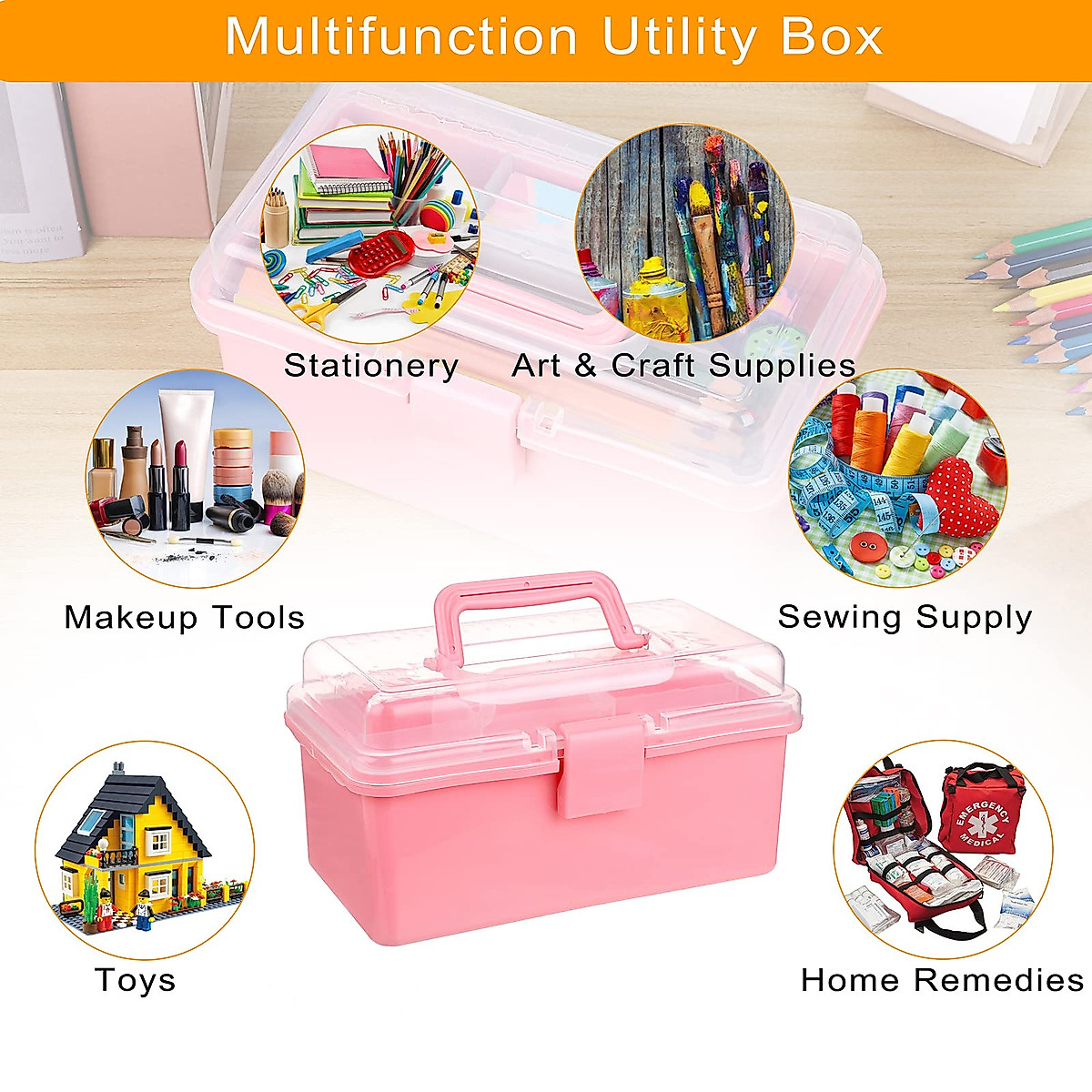 BTSKY Small Plastic Storage Box with Lid 7.9"x3.7"x4.1" Art Supply Storage Organizer with Handled Removable Tray Multi-use Small Storage Container Portable Sewing Box for Art & Sewing Supplies, Pink