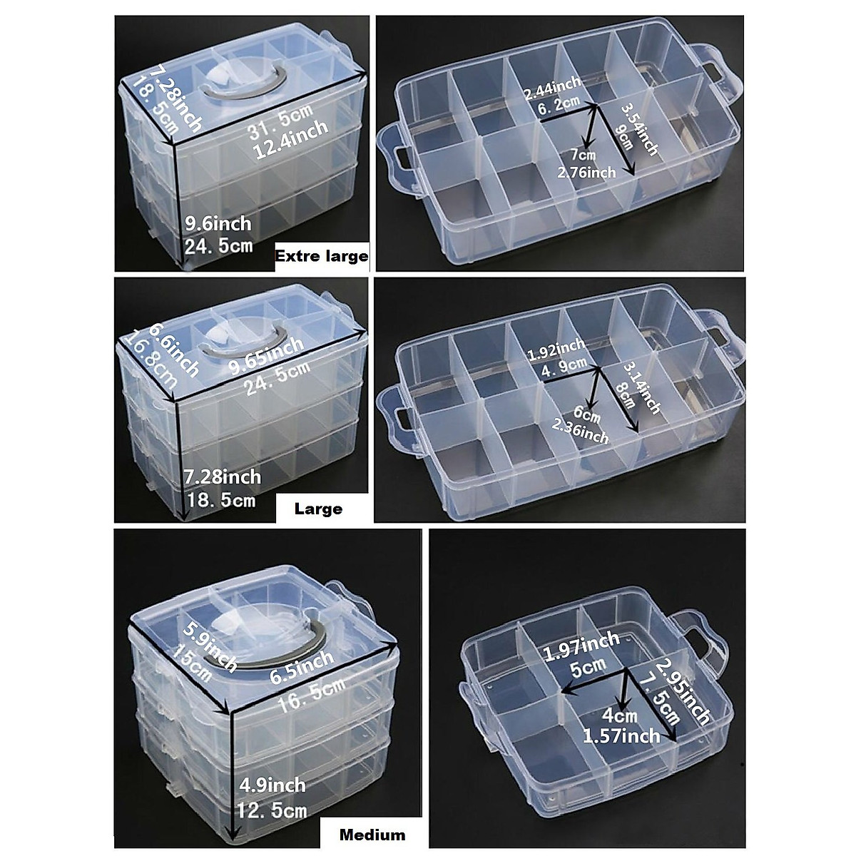 Kamay's Extra Large 3 Tier Stackable Adjustable Compartment Slot Bead Craft Jewellery Tool Storage Organiser, with 30 Compartments, Container Box, Orange