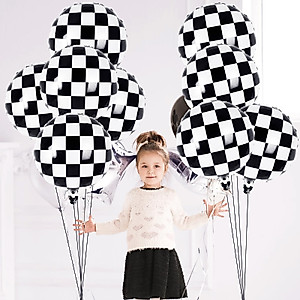 Checkered Balloons, 12 Pcs Checkered Racing Foil Balloons, 18 Inch Black and White Checkerboard Mylar Balloons for Race Car Birthday Party Supplies Decoration