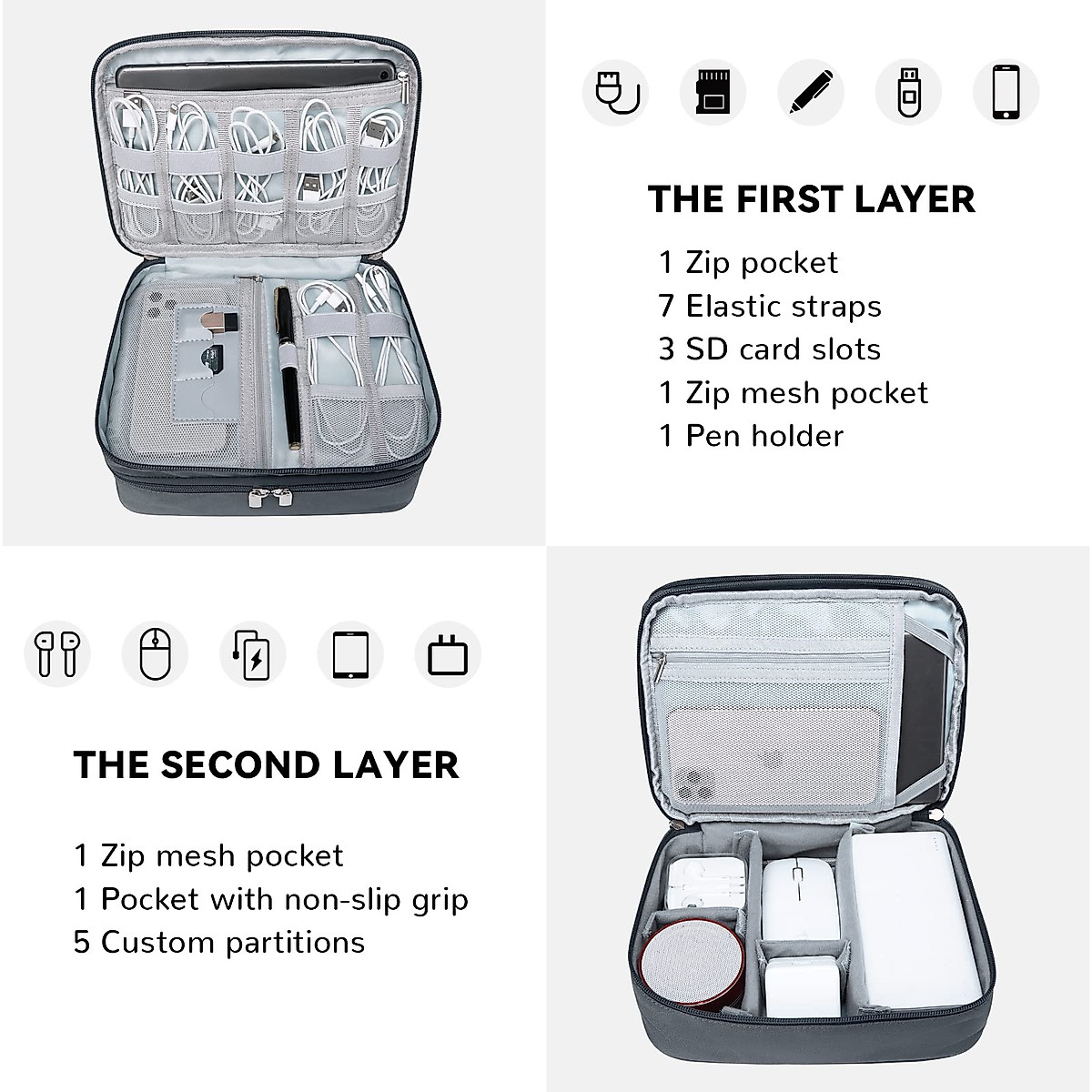 mygreen Electronics Travel Organizer, Watreproof Electronic Accessories Case Portable Double Layer Cable Storage Bag for Cord, Charger, Flash Drive, Phone, Ipad Mini, SD Card, Gifts for Him Black