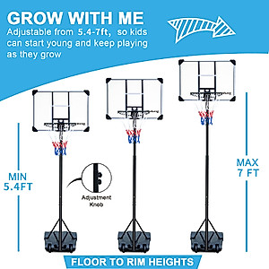 aokung Portable Basketball Hoop Stand w/Wheels for Kids Youth Adjustable Height 5.4ft - 7ft Use for Indoor Outdoor and Poor Basketball Goals Play Set