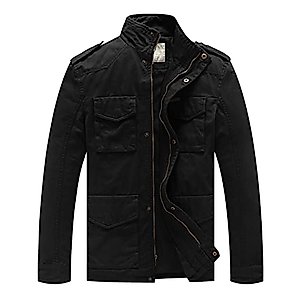 WenVen Men's Washed Cotton Canvas Safari Jacket Spring Military Coat (Black, L)