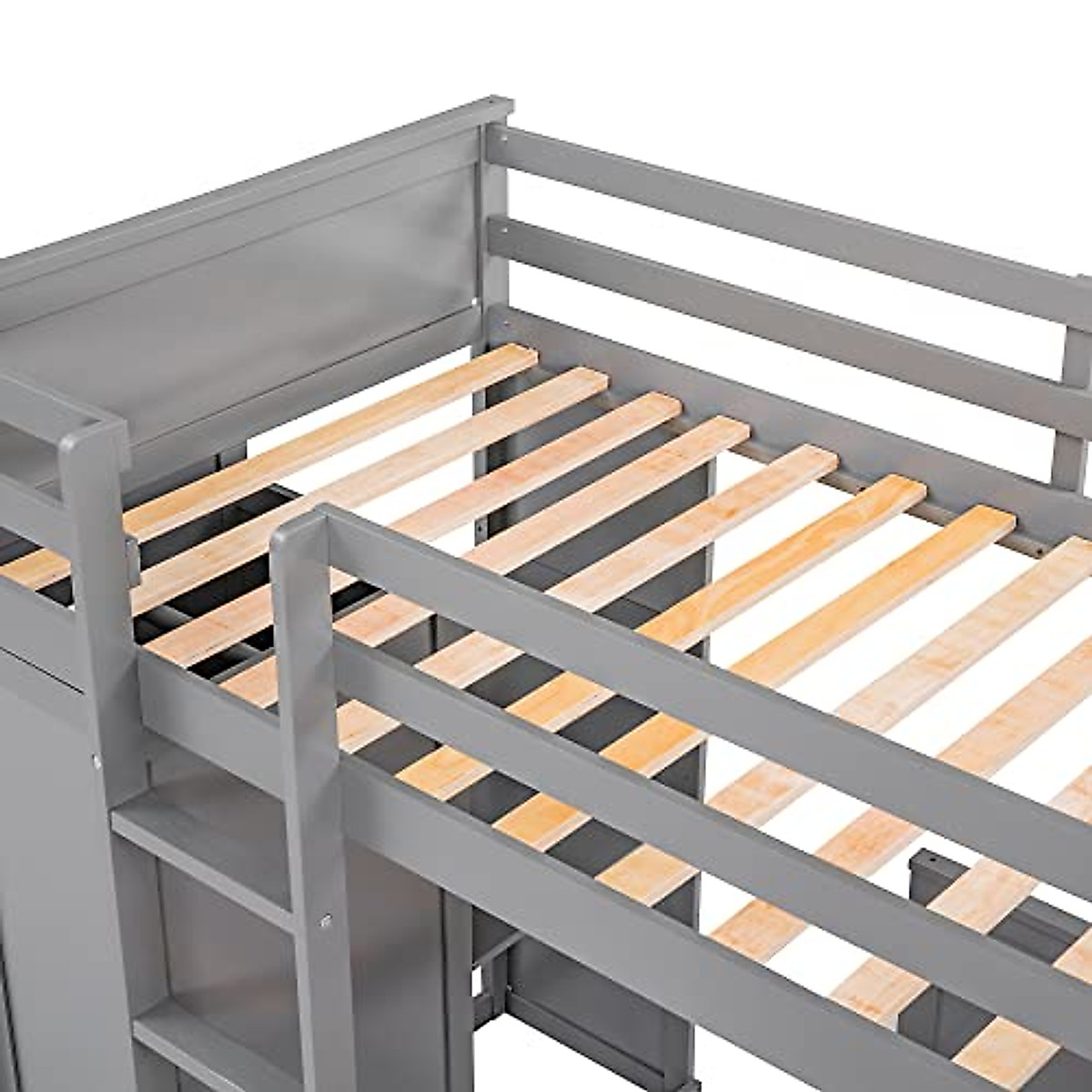 Twin Size Loft Bed with Desk and Wardrobe, Wood Loft Bed Frame with Storage Shelves and A Stand-alone Bed, Twin Over Twin Bunk Bed Frame for Kids Teens Adults (Bottom Bed Can Be Moved, Gray)