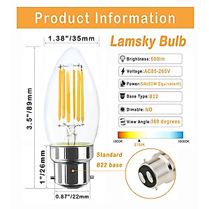 Lamsky 4-Pack 6W B22 Bayonet LED Filament Candle Light Bulb,2700K Warm White 600LM,C35 Shape Bullet Top,60W Incandescent Equivalent,Non-dimmable