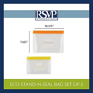 RSVP International Reusable Food Storage Collection ECO Seal Bags, Stand-N-Seal Set, Orange/Yellow