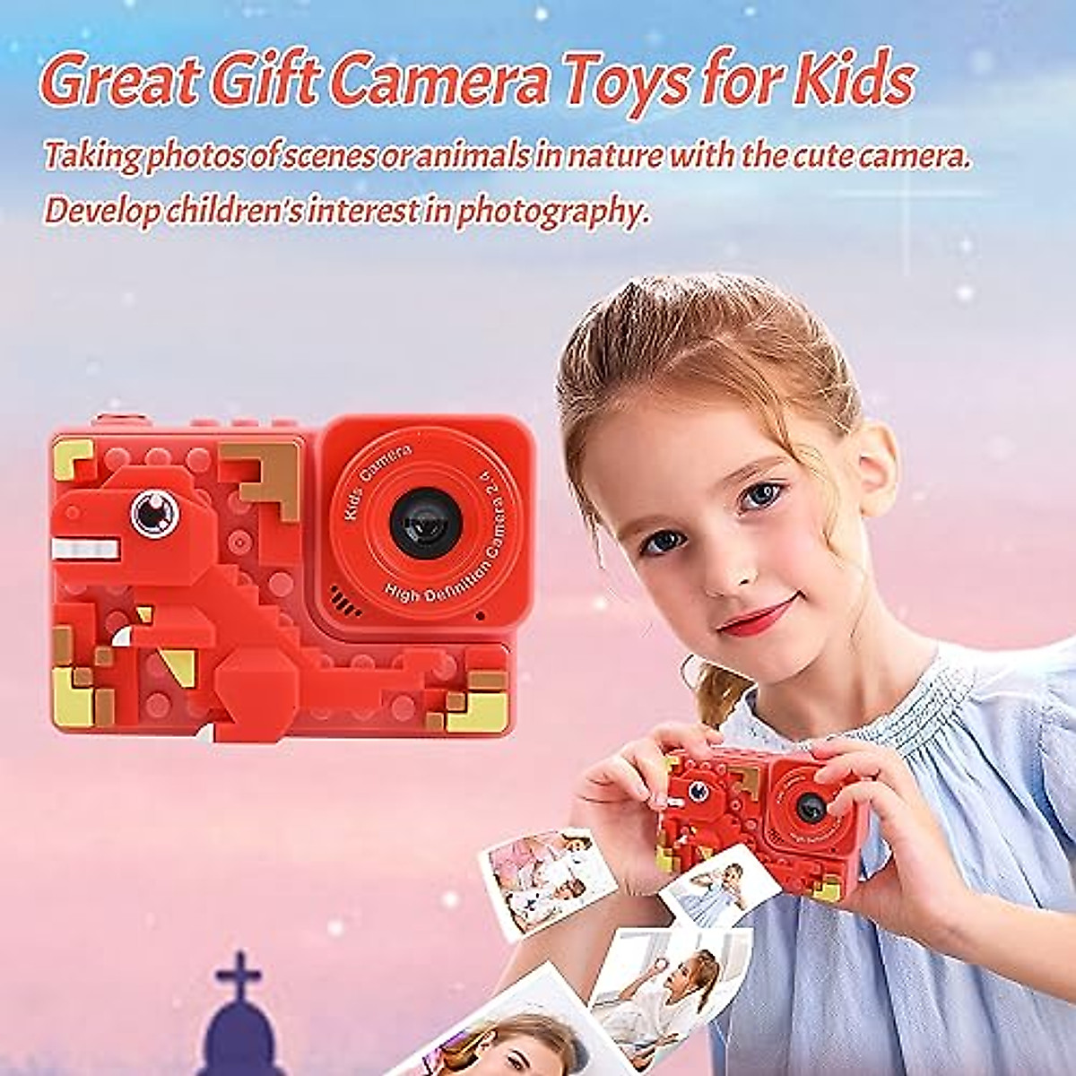 Kids Camera for Boys and Girls, Children Digital Video Toy Camera with Dinosaur Silicone Building Blocks, Selfie Camera for Kids, Christmas Birthday Festival Gifts for Age Above 6 with 32GB SD Card
