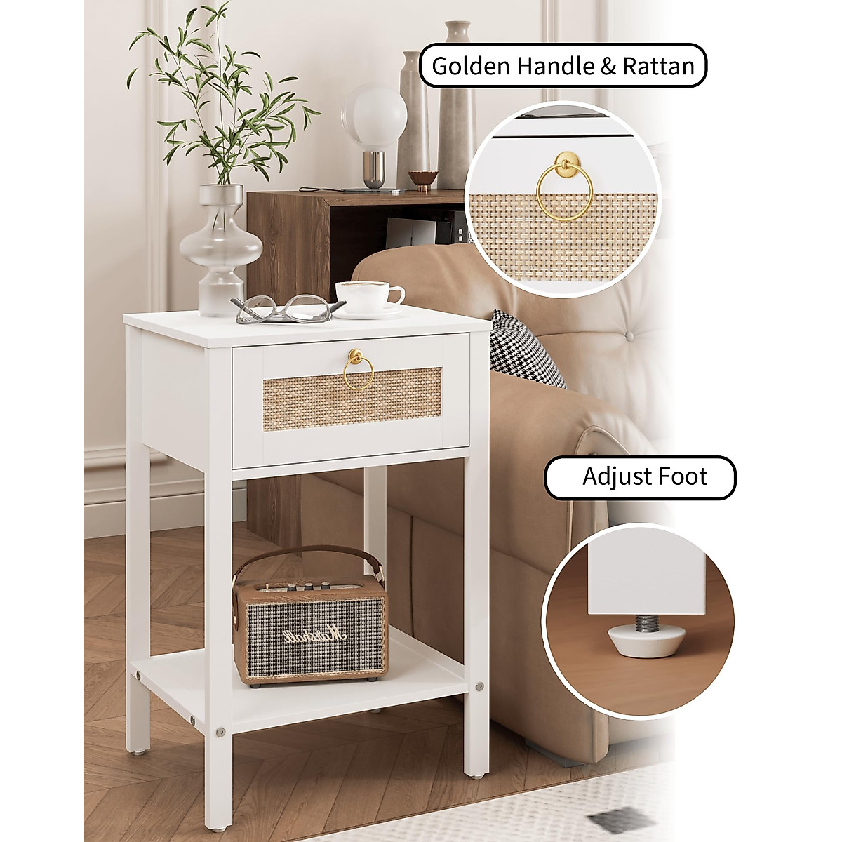 JOONEE Rattan Nightstand，Modern Farmhouse Bedside Table with Storage Drawer and Shelf (White)