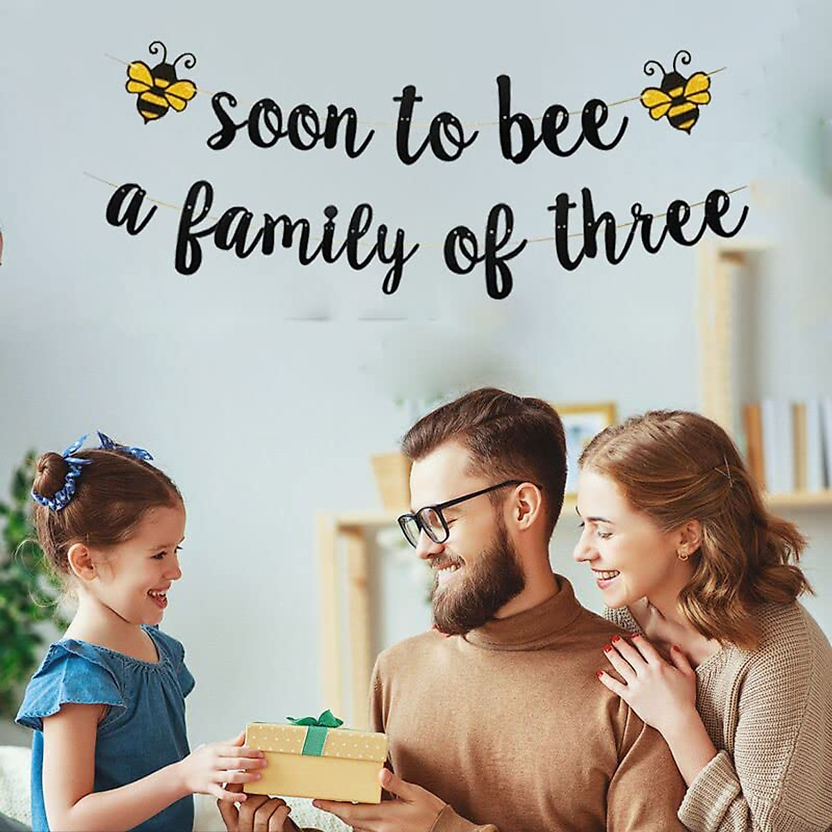 KUNGOON Soon To Bee a Family of three Banner, Welcome Baby Party Banner,Bumble Bee Theme Baby Shower/Mommy to Bee/Daddy to Bee Party Supplies Decoration(Black).