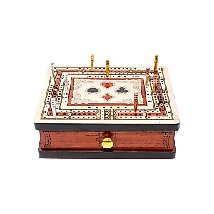 House of Cribbage - 3 Track - 60 Points Non-Continuous Travel Cribbage Board Inlaid in Maple Wood/Bloodwood - Size:6" x 5" - Storage Drawer for Cribbage Pegs & Playing Cards