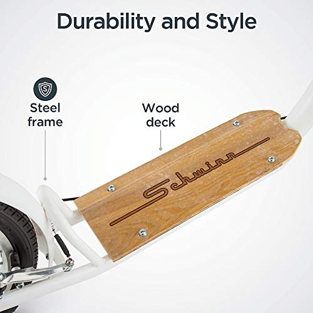 Schwinn Shuffle Adult Scooter, 26-Inch Front Wheel, 20-Inch Rear Wheel, Alloy Linear Pull Brakes, Steel Frame, White