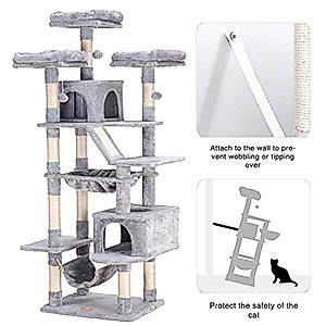 Heybly Cat Tree 73 inches XXL Large Cat Tower for Indoor Cats ,Multi-Level Cat Furniture Condo for Large Cats with Padded Plush Perch, Cozy Basket and Scratching Posts Light Gray HCT030W