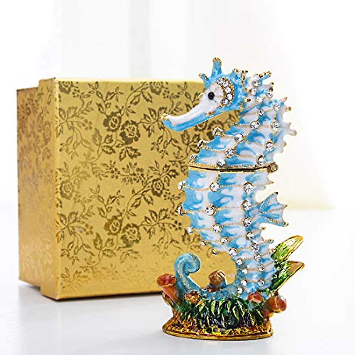 YU FENG Hinged Seahorse Trinket Box Hand-Pasted Rhinestones Crystal Jewelry Storage Box