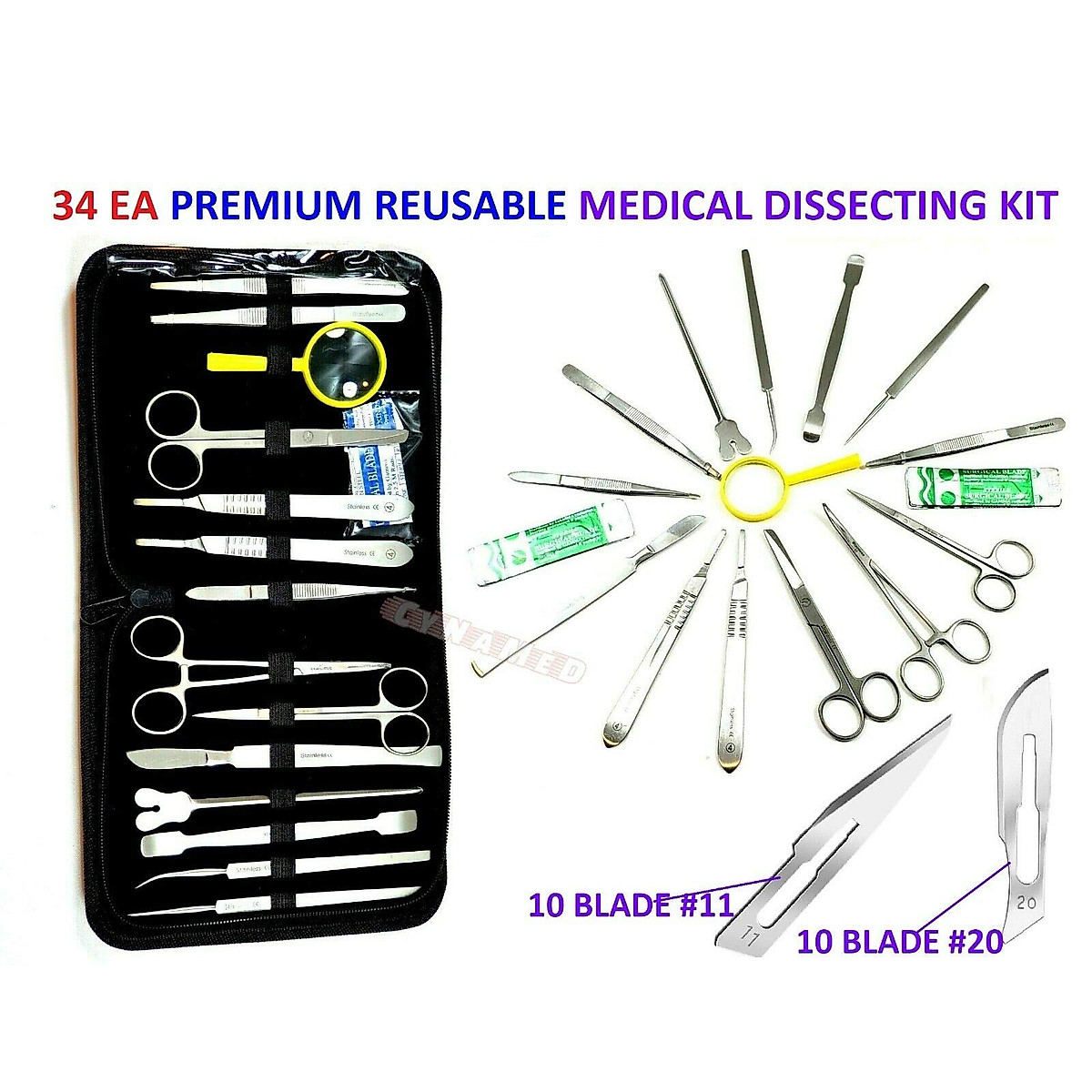 Premium 34 Pcs Advanced Biology Lab Anatomy Student Dissecting Dissection Kit Set with Scalpel Knife Handle Scalpel Blades (All in One with Zipper Case) Blades