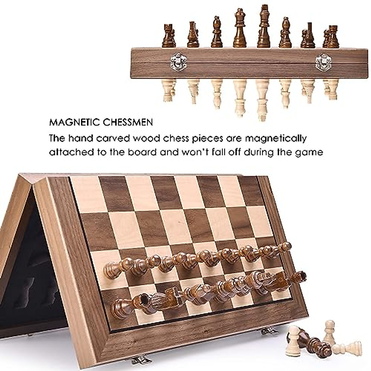 AMEROUS 15 Inches Magnetic Wooden Chess Set with 2 Extra Queens/Folding Board/Chess Pieces Storage Slots/Instructions, Portable Travel Chess Game for Beginner/Classic Board Game