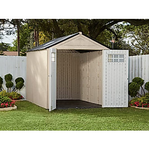 Rubbermaid Resin Outdoor Storage Shed With Floor (7 x 10.5 Ft), Weather Resistant, Beige/White, Organization for Home/Backyard/Garden Tools/Lawn Mower/Bike Storage/Pool Supplies