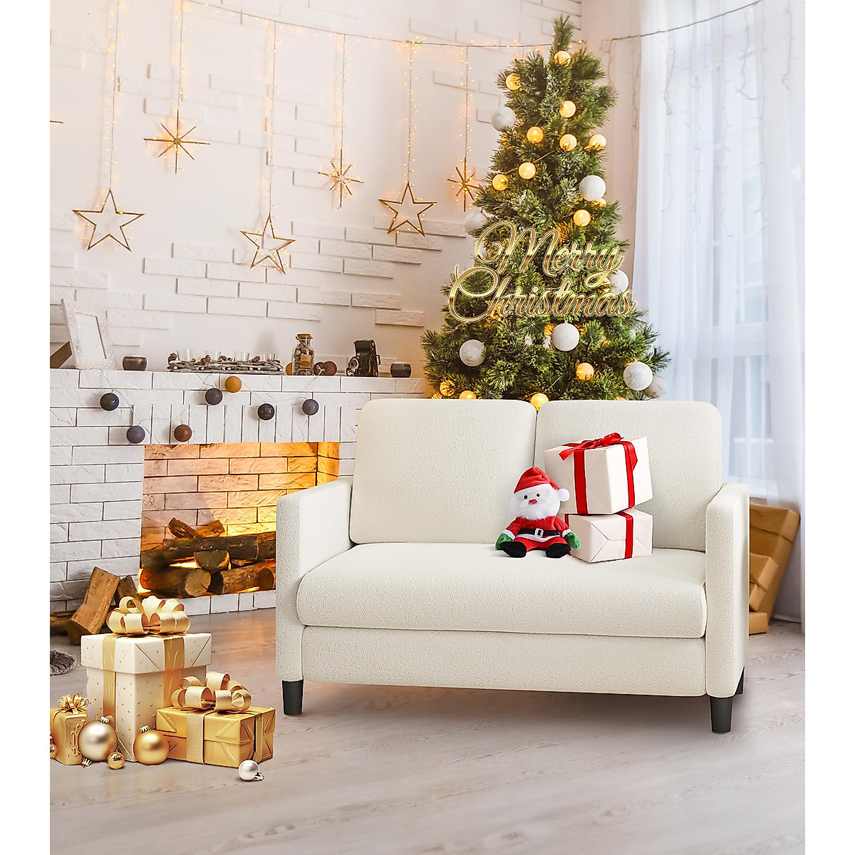 Welzona Loveseat Sofa, 51" Small Sofa Couch for Bedroom, Comfy Teddy Love Seat, Tool-Free Setup Sofas for Living Room, All-Wood Small Couches for Small Spaces, Small Couch No Pillow Include, Beige