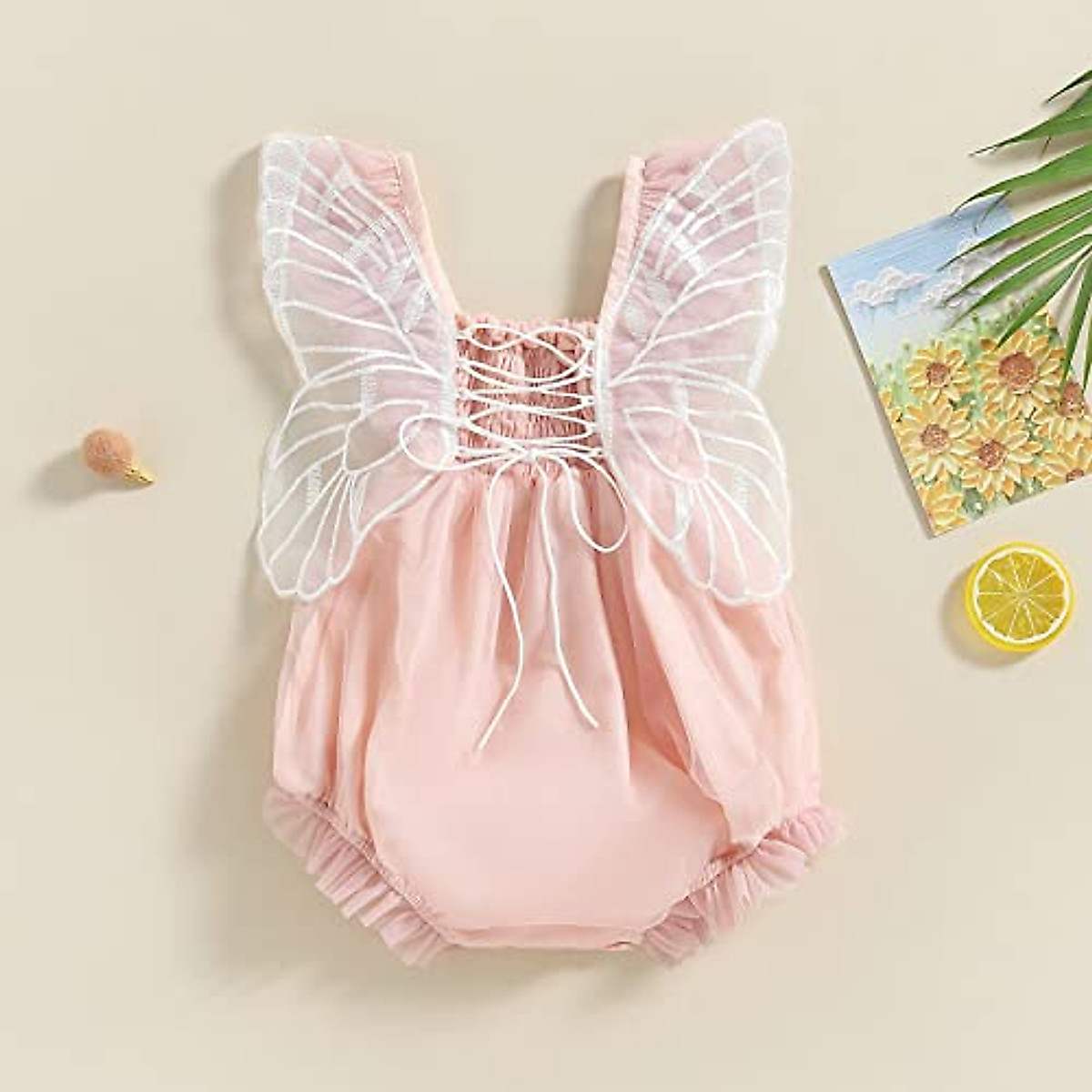CREAIRY Baby Girl Butterfly Wings Short Sleeve Romper Dress Lace Tulle Tutu Dress Bodysuit Jumpsuit Birthday Summer Outfits (Pink, 9-12 Months)