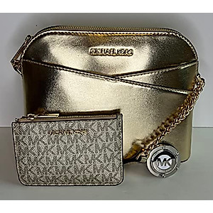 Michael Kors MICHAEL Michael Kors Jet Set Travel MD Dome XCross Crossbody bundled with SM TZ Coinpouch Purse Hook (Pale Gold/Signature Pale Gold)