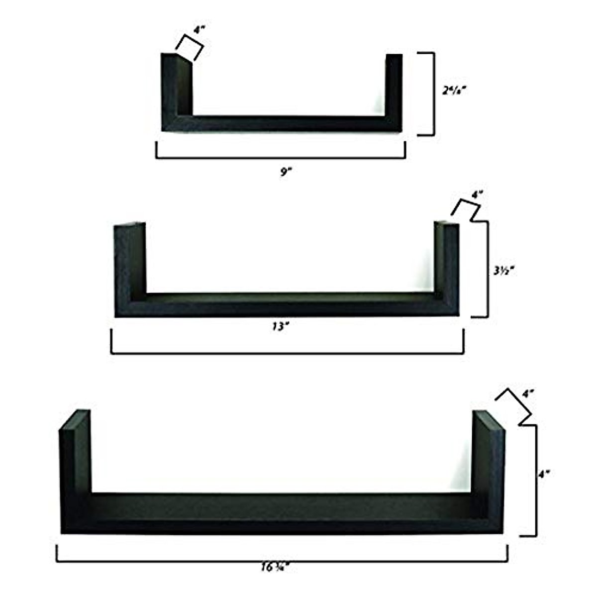 Adorn Home Essentials Floating Shelves Set of 3 with Modern U Shape and Durable Design, Simple Hanging Kit Included (Espresso)