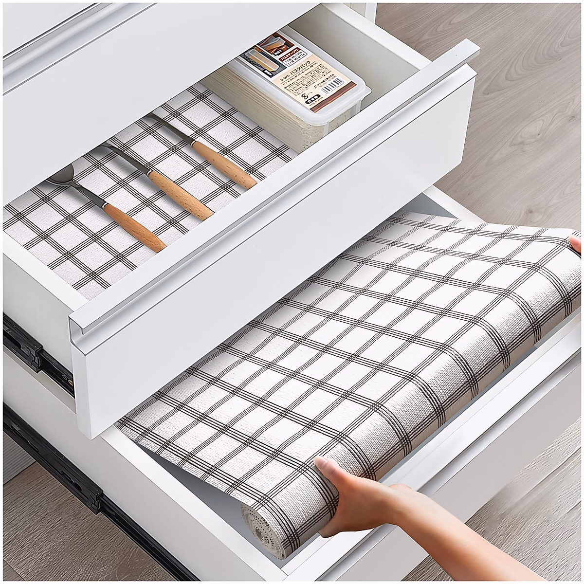 ALIUNI Drawer and Shelf Liner, Non-Slip Kitchen Cabinet Liners Non-Adhesive Thick Strong Grip Waterproof Washable Mats Protect Dresser Shelves Cupboard Bathroom Cabinets, White Stripes, 12 in X 10 FT
