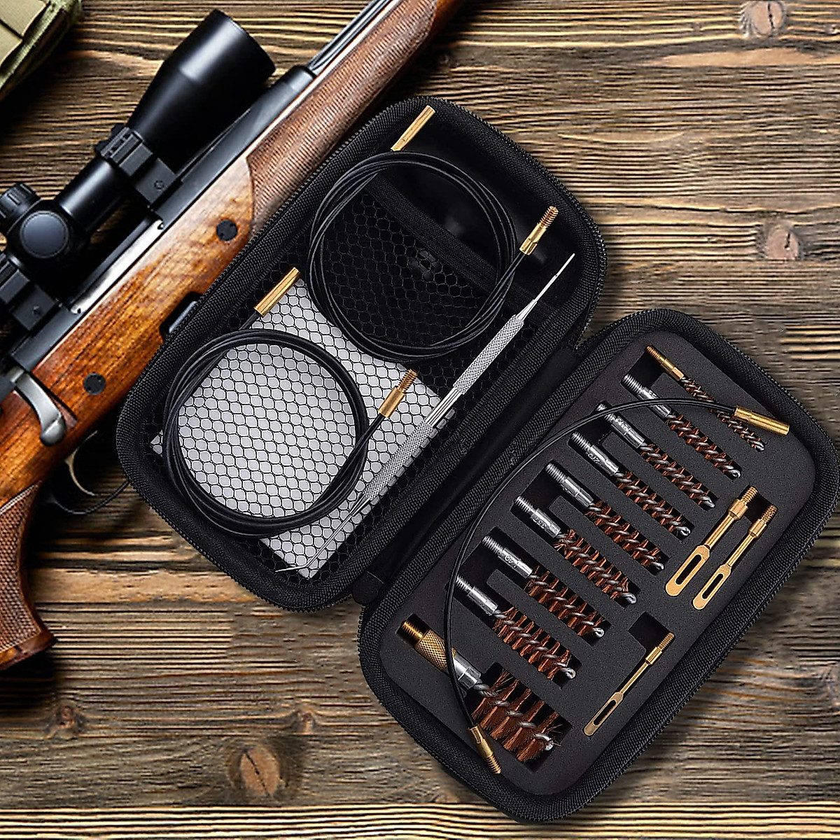 BOOSTEADY Gun Cleaning Kit .17 .22/.223/5.56MM .243 .280 .30 .357/9MM .40 .45 12GA Multi-Caliber Phosphor Bristle Bore Brushes with Flexible Threaded Bore Cleaning Coated Cables in Zippered Case