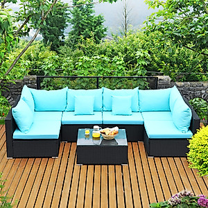 Tangkula 7 Piece Patio Furniture Set, Outdoor Sectional Sofa w/Pillows and Cushions, Wicker Sofa Conversation Set with Coffee Table, Patio Sofa and Tea Table Set for Garden, Lawn