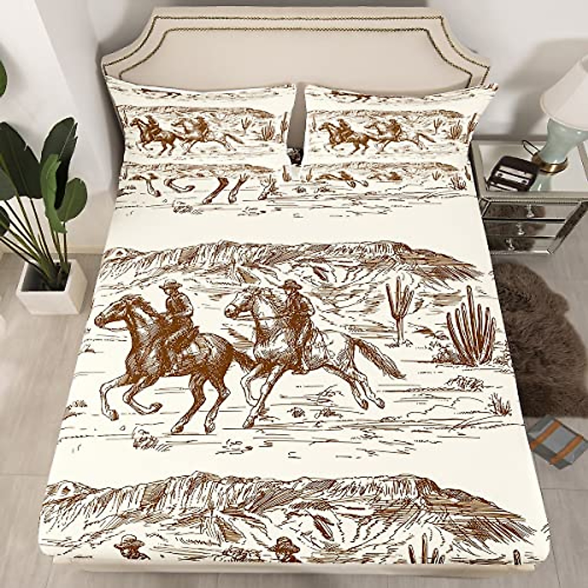 Erosebridal Western Fitted Sheet Full Size Cowboy Bed Sheets American Wild West Desert Hand Drawn Illustration Bed Set Country Theme Bedroom Decor Sheets for Boys Men Teens(No Top Sheet)
