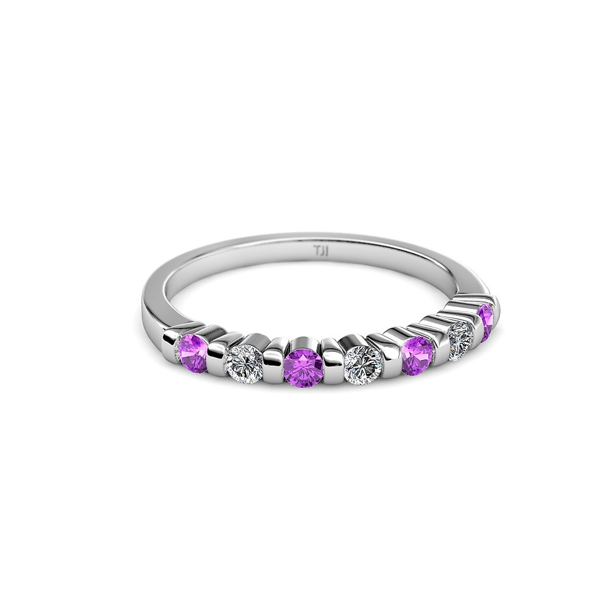 Amethyst & Lab Grown Diamond 1/5 ctw 7 Stone Women Wedding Band Stackable 14K White Gold.size 7.5