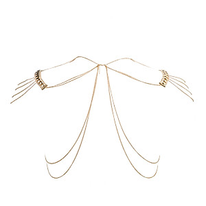 Beauty7 Body Chain Harness Link Necklace Gold Shoulder Chain Collar Dangling Tassels for Bridal Women Prom Party Wedding Dress Accessory Fashion Multilayer Jewelry