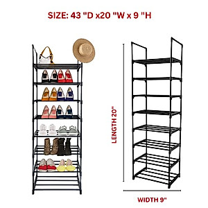 FIDUCIAL HOME: Simple Shoe Rack Organizer, 8-Tiers Stackable with side Hooks for Entryway, 16-20 Pairs Metal Shoe Shelve, Black
