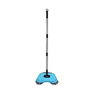 Foldable Hand Push Automatic Sweeper, Dry Sweep and Wet Drag 2 in 1 Sweeper, Home Sweeping Mopping Machine, Floor Sweeper with 2 Corner Edge Brushes for Pet Hair, Food, Dirt (Blue)