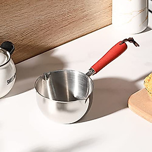 Butter Warmer Pot with Wooden Handle for Seafood, SUS304 Stainless Steel Milk Warmer for Coffee, Small Heating Cookware Soup Wamer Pan 4.13Inch 300ml (300ml-SUS304)