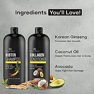 Botanic Hearth Biotin Shampoo and Conditioner with Collagen - Fights Hair Loss & Thinning with Korean Ginseng & Turmeric, Conditioner Promotes Hair Growth with Avocado and Coconut - 16 fl oz x 2