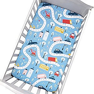 Cloele Fitted Crib Sheet - Baby Nursery Sheet 100% Polyester 2 Pack Cozy Bed Sheet Set for Standard Crib and Toddler Mattresses - Cartoon Car Nursery Bed Sheet Infant Baby Toddler Sheet for Baby