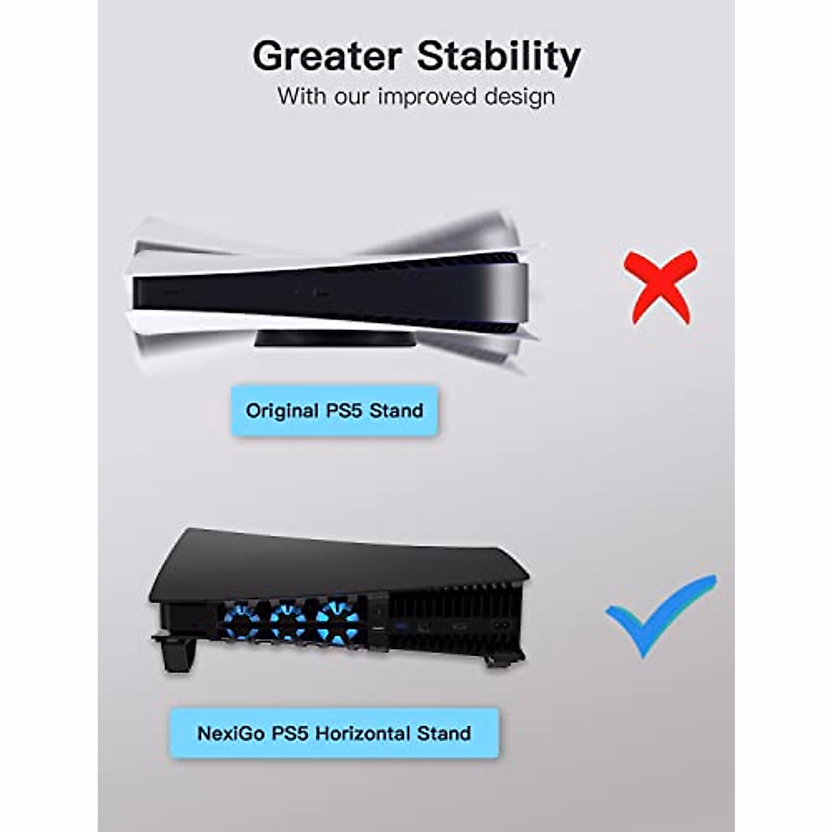 NexiGo PS5 Horizontal Stand with Slient Cooling Fan, [Auto On/Off], [Minimalist Design], Compatible with Playstation 5 Disc & Digital Editions, Built-in LED Light, Extra USB Port, Easy to Install