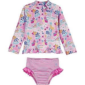 Coolibar UPF 50+ Baby Guppy Ruffle Rash Guard Set - Sun Protective (2T- Tropical Orchid Sweet Vacay)