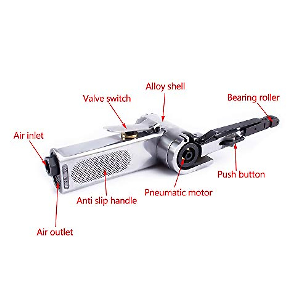 Air Belt Sander Grinder 3/8'' x 13'' with 6Pcs Belts (#60,#80,#120) For Polishing Plastic, Aluminium, Iron, Steel and Metal