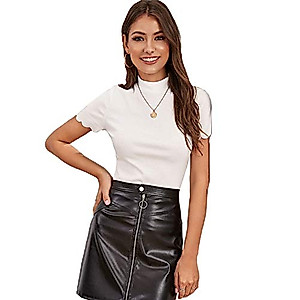 SweatyRocks Women's Mock Neck Ribbed Knit Scallop Short Sleeve T Shirt Tops White M