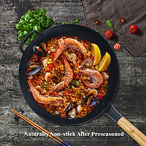 Letschef Carbon Steel Wok 13.5" Pre-seasoned No Coating Flat Bottom Hand Hammered Woks & Stir-Fry Pans with Bamboo and Steel Helper Handle Thickness 1.5mm PFOA Free