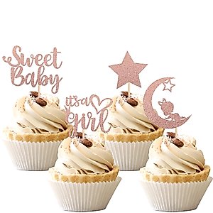36 PCS Baby Shower Girl Cupcake Toppers with Moon Glitter Star It's a Girl Sweet Baby Gender Reveal Cupcake Picks Baby Shower Kids Girls Birthday Party Cake Decorations Supplies Rose Gold