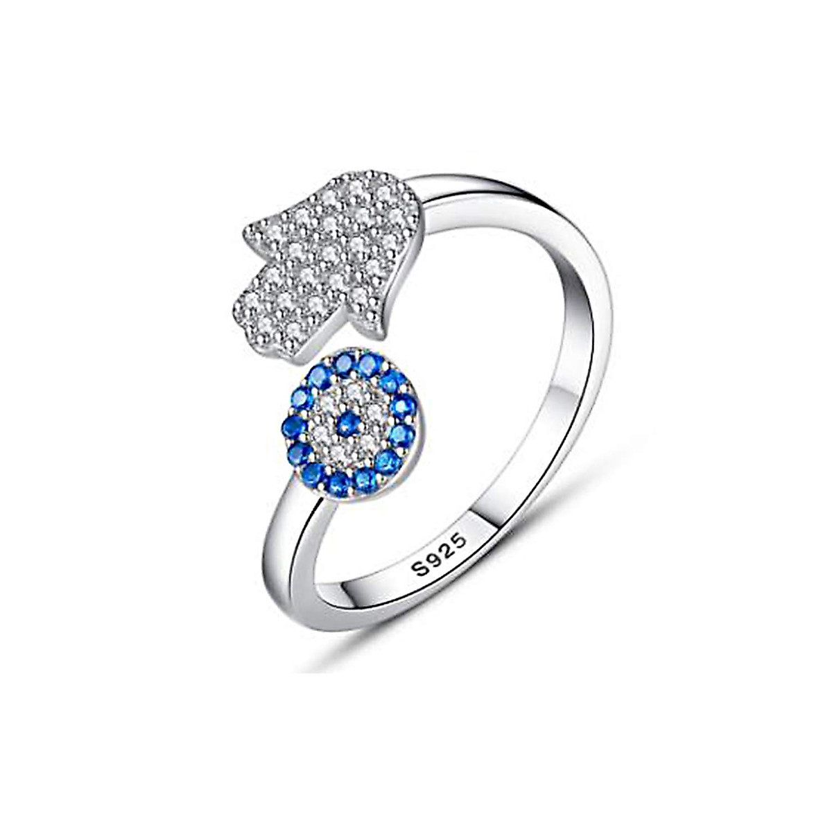 EVBEA Evil Eye Bracelet and Ring Set Evil Eye Ring Cubic Zirconia Adjustable Open Hamsa Ring for Ring Size 6-8