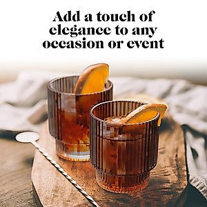 American Atelier Vintage Art Deco Fluted Drinking Glasses, Set of 4 Modern Kitchen Glassware Set | Old Fashion Tumbler for Cocktails and Water | Ribbed Lowball Glass Cup for Whiskey (Smoke Grey)