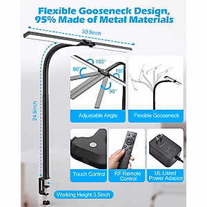 KPBOTL 24W Double Head Architect Desk Lamp for Home Office, Ultra Wide 30.9'' Eye-Caring Auto Dimming Desk Light with Adapter, Super Bright Table Lamp with Flexible Gooseneck,5 Colors,10 Brightness