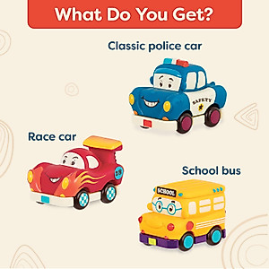 B. toys- Mini Wheeee-ls!- 3 pc Mini Pull-Back Vehicles Set, Bus & Cars, Multi, Hot Rod, School Bus, Police Car- 1 year +