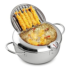 Deep Fryer Pot, Tempura Frying Pan, Stove Top, 9” x 5.5”, 114 Oz (3.6 Qt), 304 Stainless Steel, Flat Bottom, w/Lid & Temperature Control Thermometer, Japanese Style Cookware, Mini Frier | Houseables