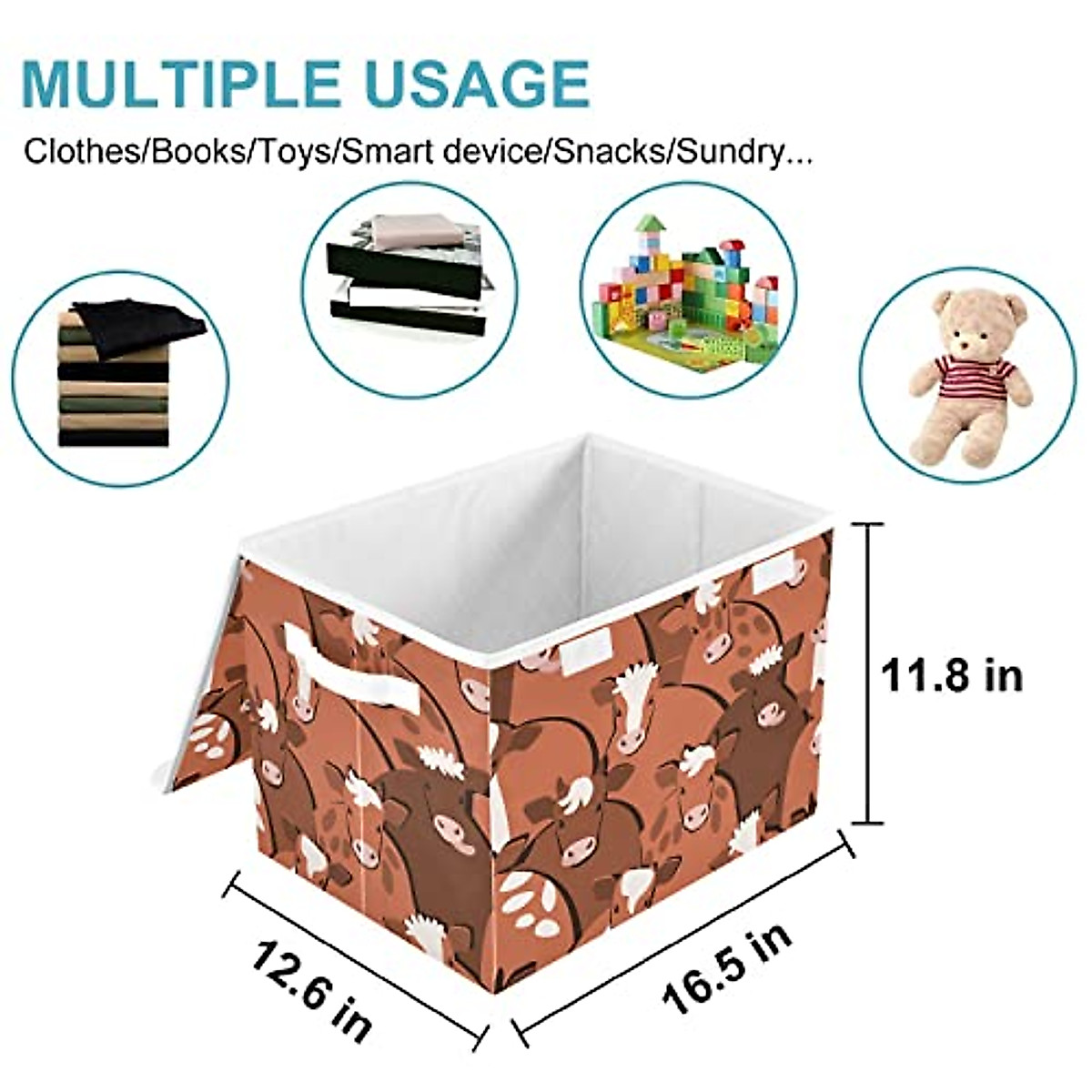 CaTaKu Cartoon Cow Animals Storage Bins with Lids and Handles, Fabric Large Storage Container Cube Basket with Lid Decorative Storage Boxes for Organizing Clothes